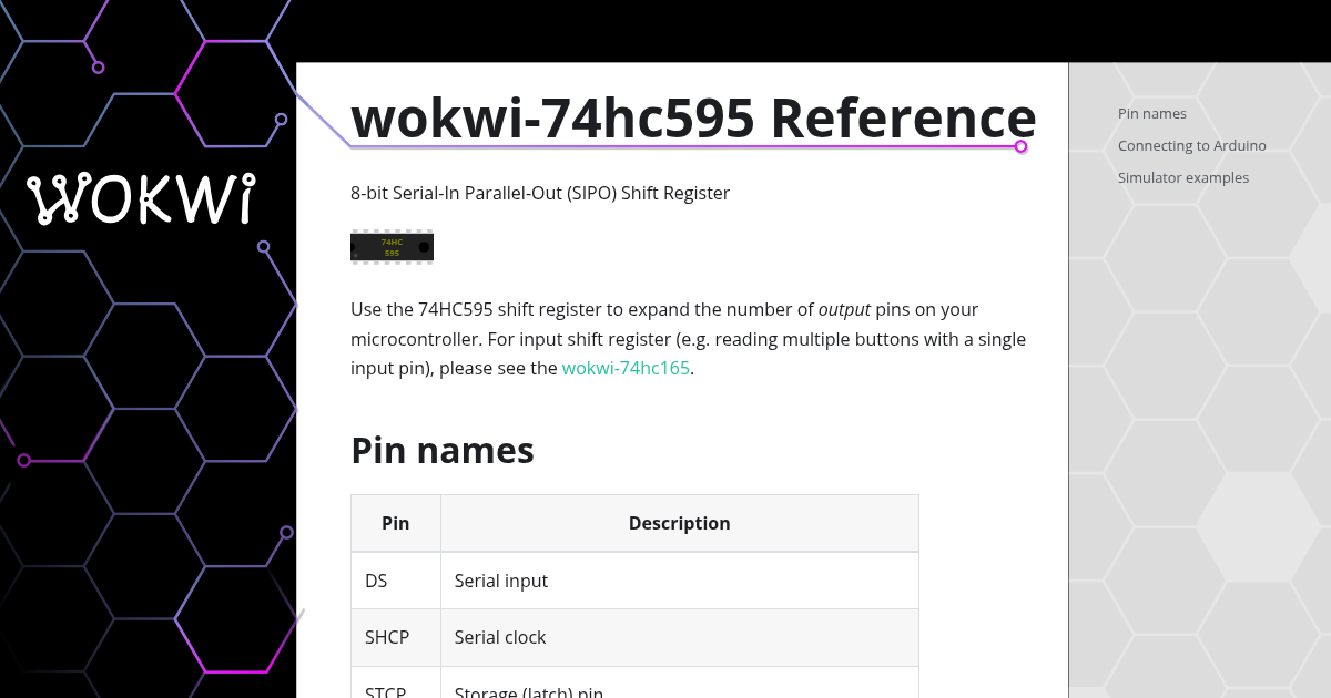 wokwi-74hc595 Reference | Wokwi Docs