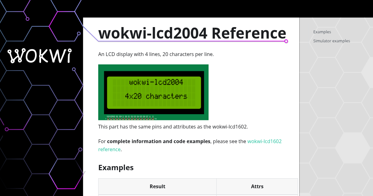 wokwi-lcd2004 Reference | Wokwi Docs