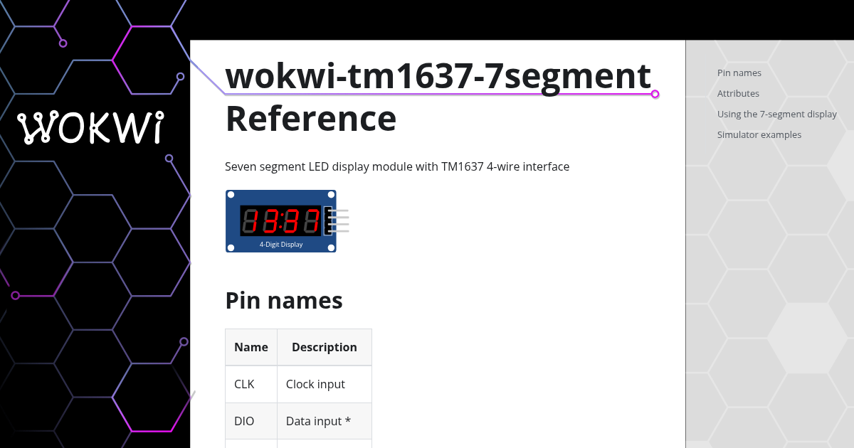 wokwi-tm1637-7segment Reference | Wokwi Docs