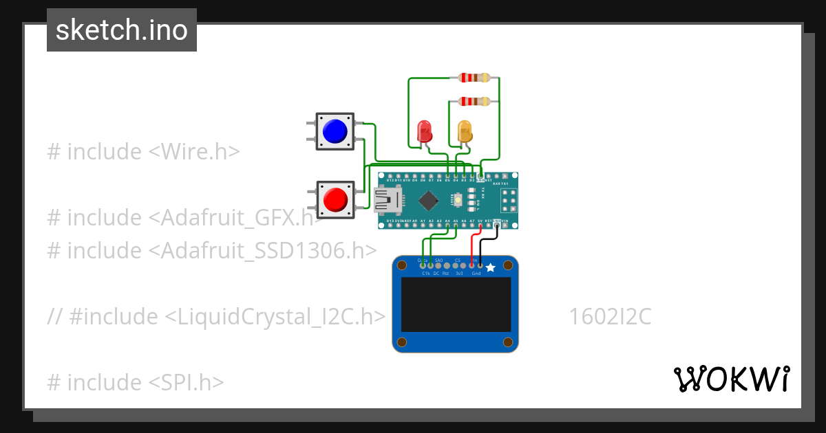 geiger counter nano OLED 2 sw 2 leds.ino - Wokwi ESP32, STM32, Arduino Simulator