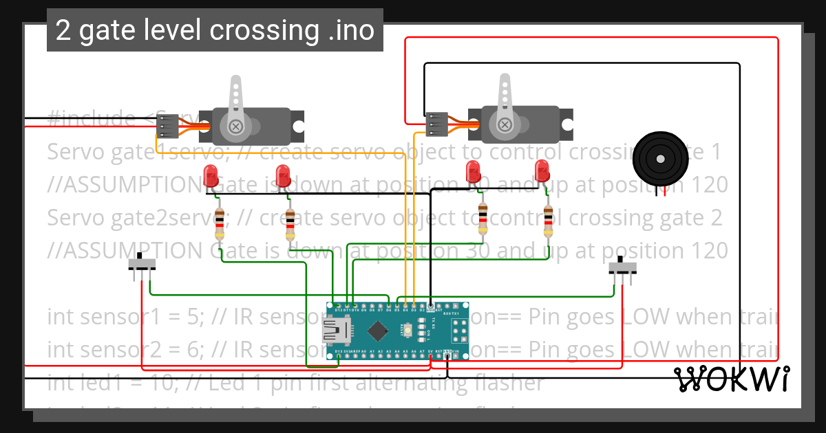 2 gate level crossing .ino - Wokwi ESP32, STM32, Arduino Simulator