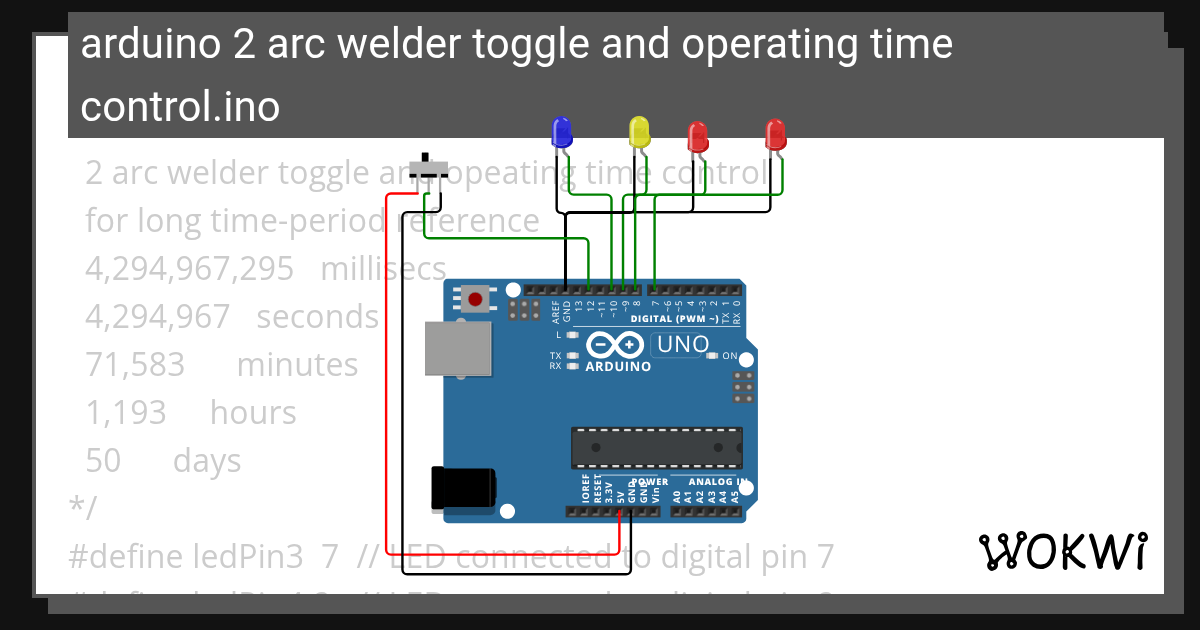 arduino 2 arc welder toggle and operating time control.ino - Wokwi ESP32, STM32, Arduino Simulator