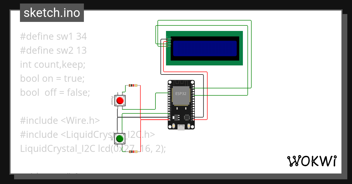 Push button (hold) ควบคุมการเปิดปิด LCD - Wokwi ESP32, STM32, Arduino Simulator