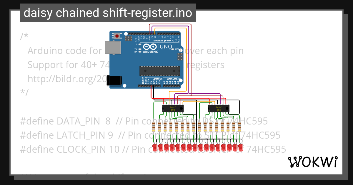 daisy chained shift-register.ino - Wokwi ESP32, STM32, Arduino Simulator