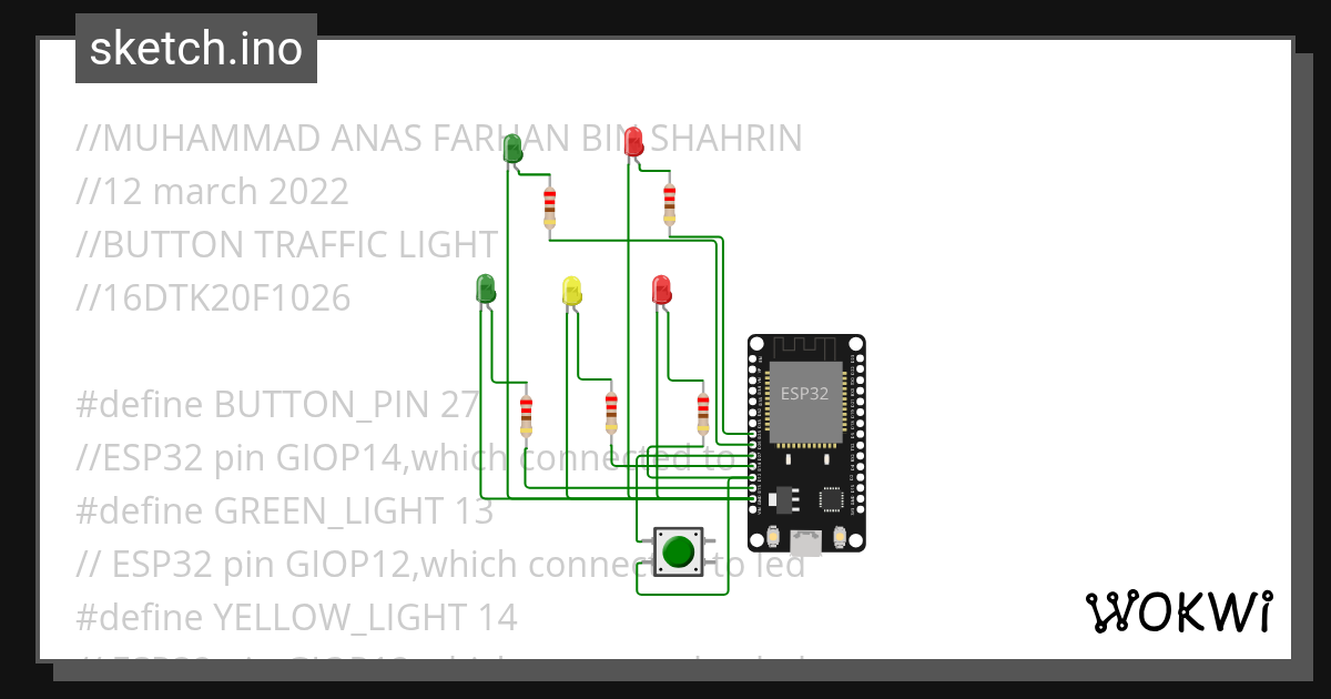 BUTTON 5 TRAFFIC LIGHT WITH PEDESTRIAN - Wokwi ESP32, STM32, Arduino Simulator