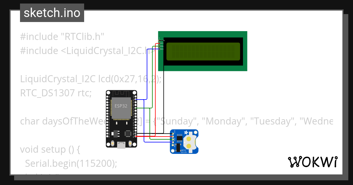 兩個 I2c 裝置 Rtc與 Lcd Wokwi Esp32 Stm32 Arduino Simulator 9875