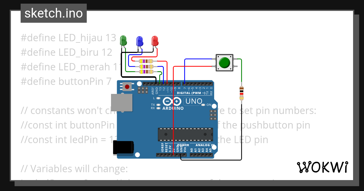 PushButton3LedDebounce - Wokwi ESP32, STM32, Arduino Simulator