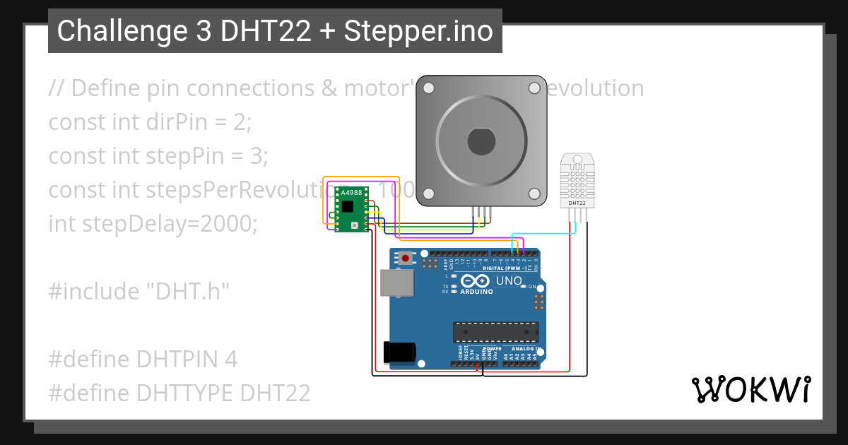 Challenge 3 DHT22 + Stepper.ino - Wokwi ESP32, STM32, Arduino Simulator