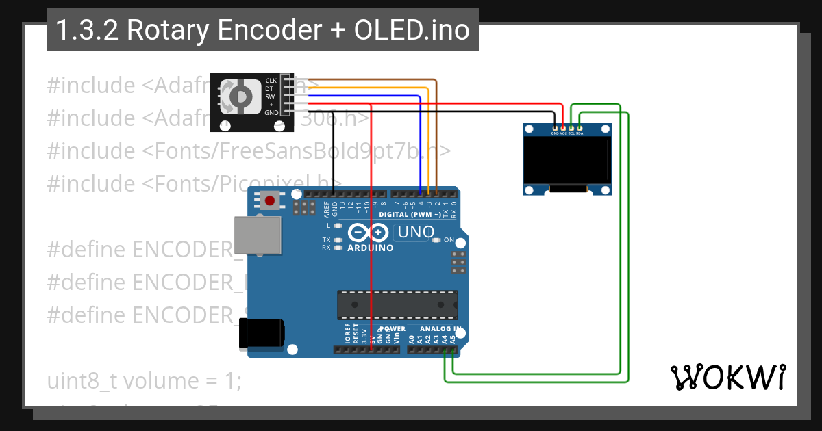 1.3.2 Rotary Encoder + OLED.ino - Wokwi ESP32, STM32, Arduino Simulator