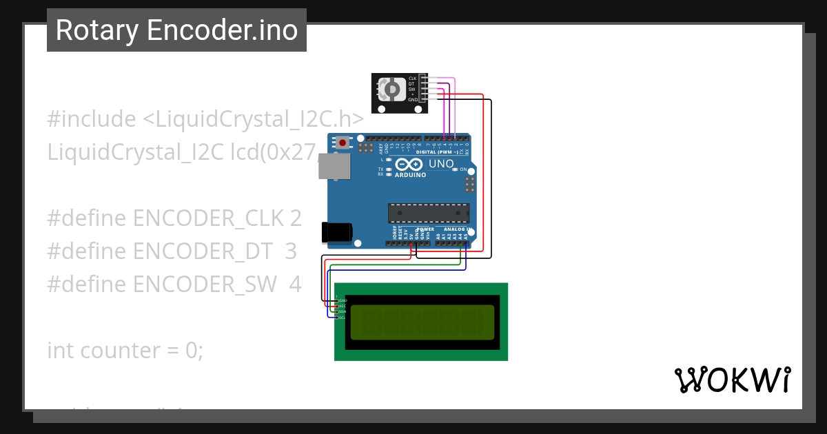 Rotary Encoder + LCD.ino - Wokwi ESP32, STM32, Arduino Simulator