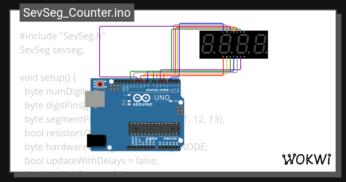 SevSeg_Counter.ino - Wokwi ESP32, STM32, Arduino Simulator