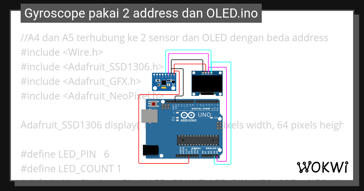 Gyroscope pakai 2 address dan OLED.ino - Wokwi ESP32, STM32, Arduino Simulator