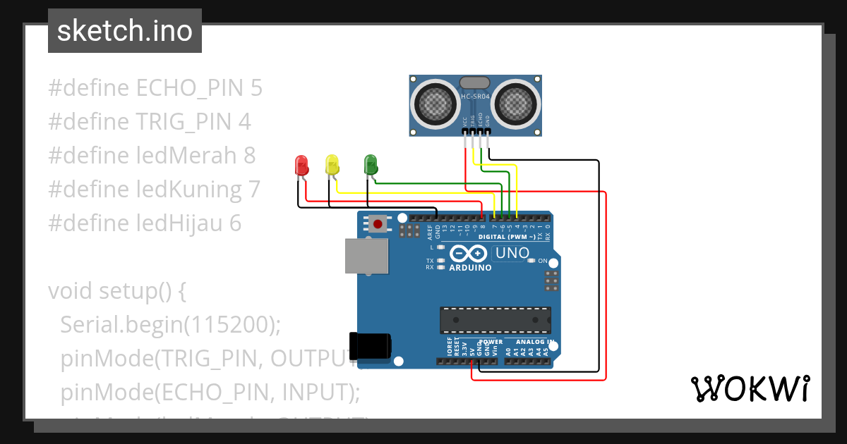LED dan SR04 deteksi jarak - Wokwi ESP32, STM32, Arduino Simulator