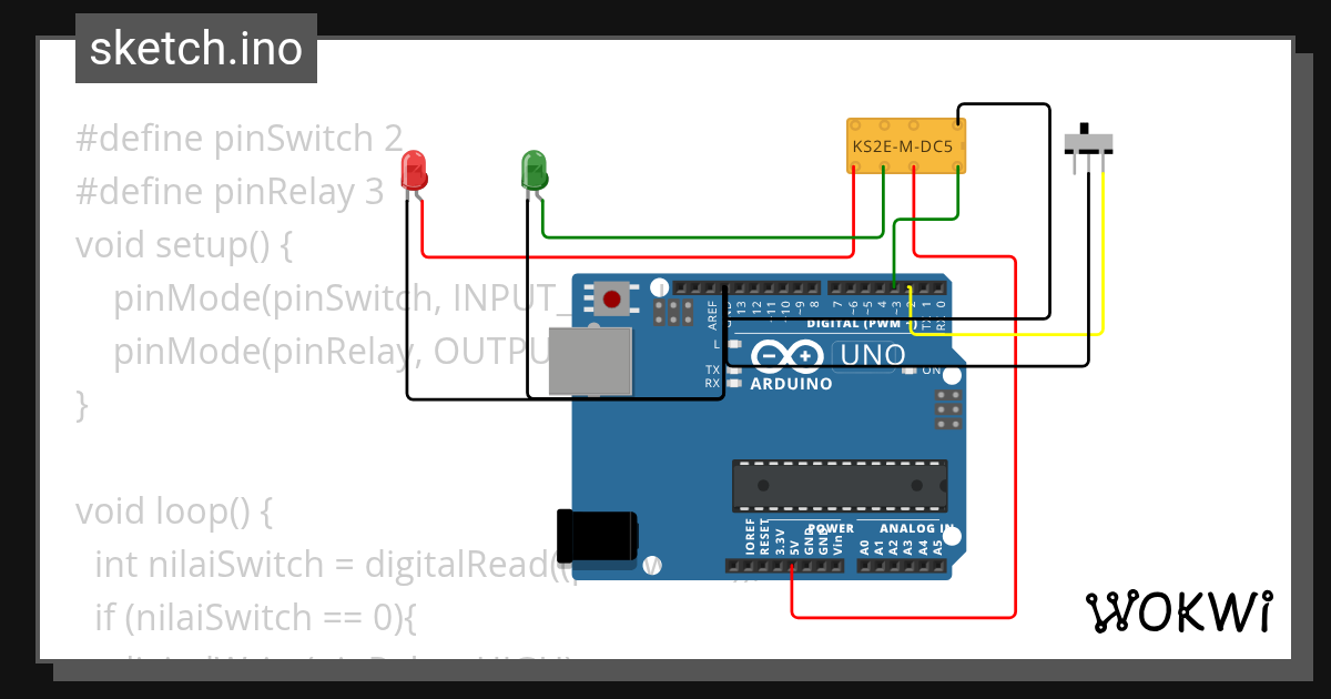 RELAY DPDT, LED, Slide switch - Wokwi ESP32, STM32, Arduino Simulator