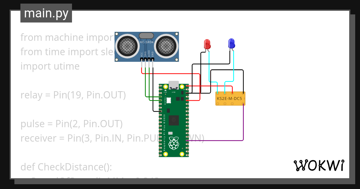 Switching LED with Ultrasonic Sensor and Relay - Wokwi ESP32, STM32, Arduino Simulator