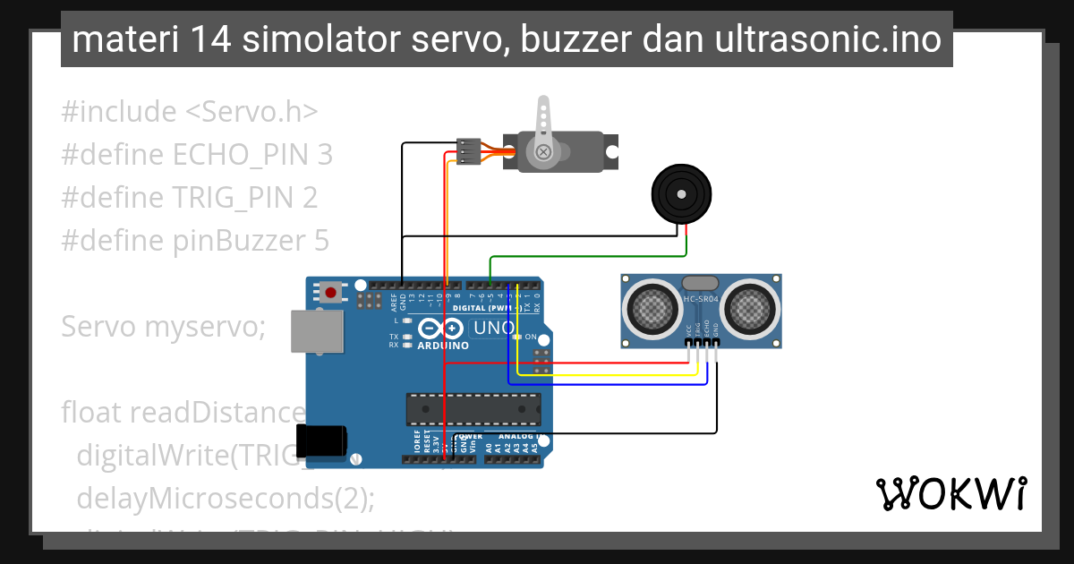 materi 14 simolator servo, buzzer dan ultrasonic.ino - Wokwi ESP32, STM32, Arduino Simulator