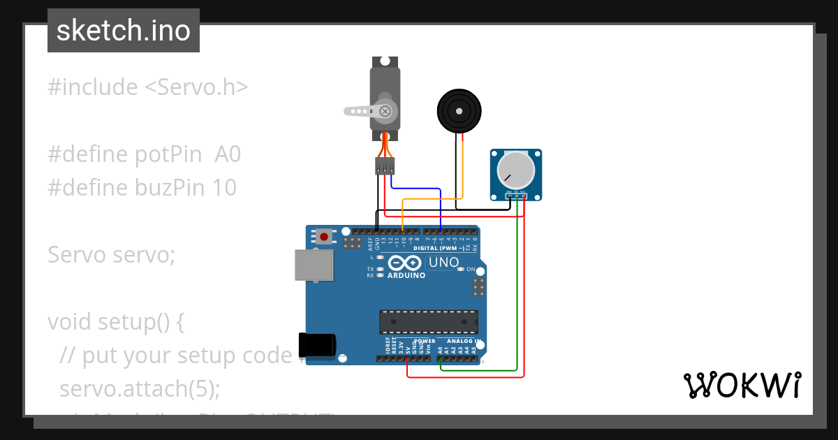 14. Indobot - Servo, Buzzer & Potensio Meter - Wokwi ESP32, STM32, Arduino Simulator
