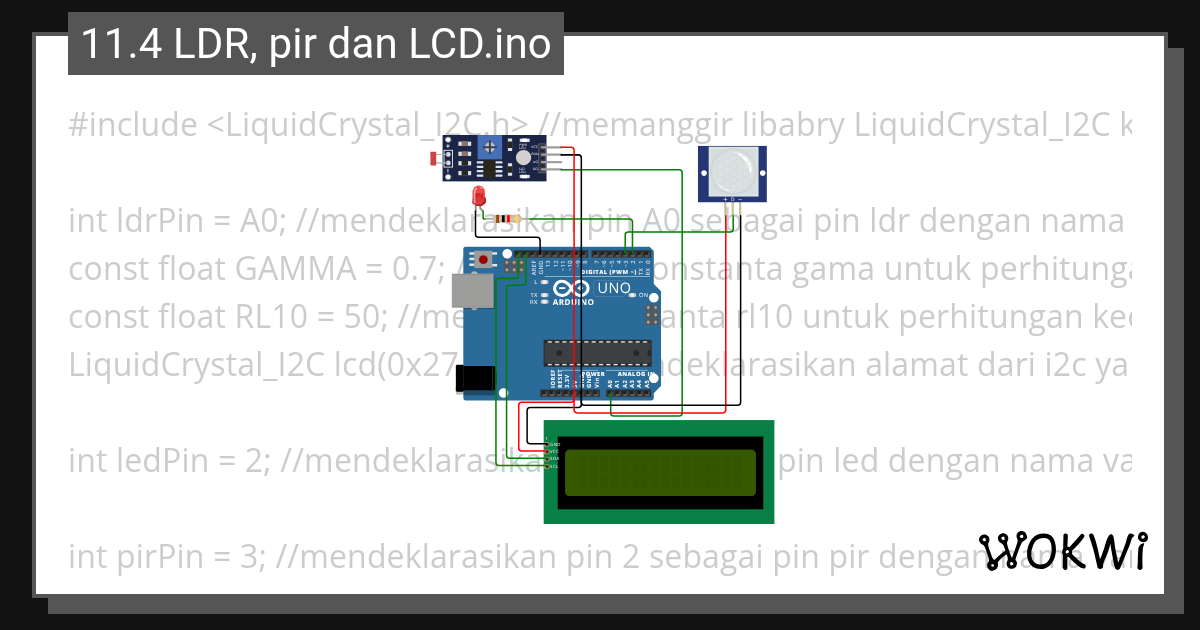 11.4 LDR, pir dan LCD.ino - Wokwi ESP32, STM32, Arduino Simulator