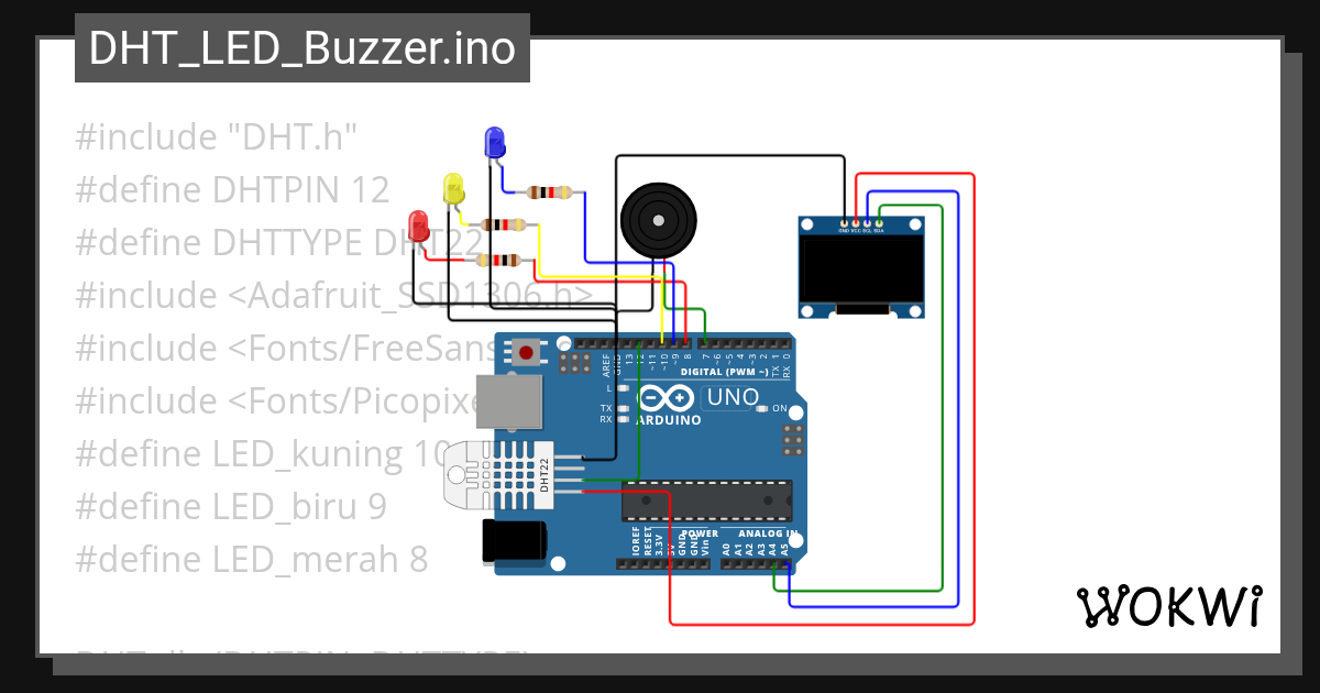 DHT_LED_Buzzer.ino - Wokwi ESP32, STM32, Arduino Simulator