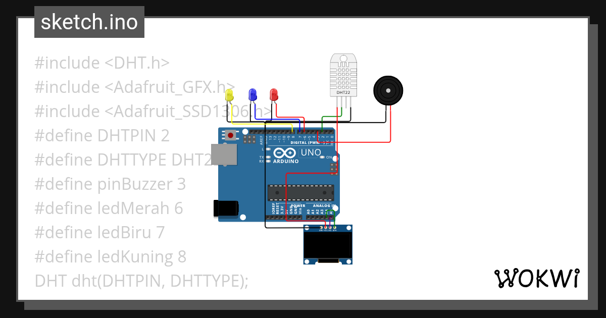 DHT22_OLED_BUZZER_LED - Wokwi ESP32, STM32, Arduino Simulator