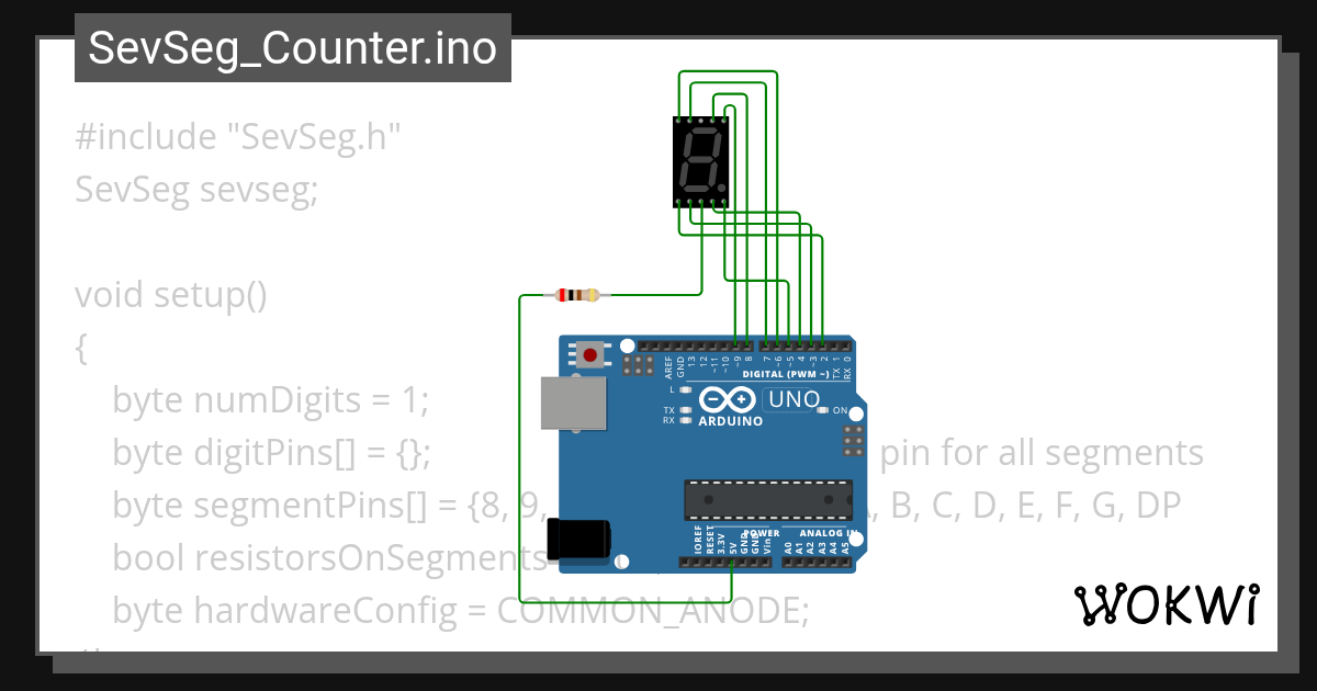SevSeg.h 7-Seg single digit counter.ino - Wokwi ESP32, STM32, Arduino Simulator
