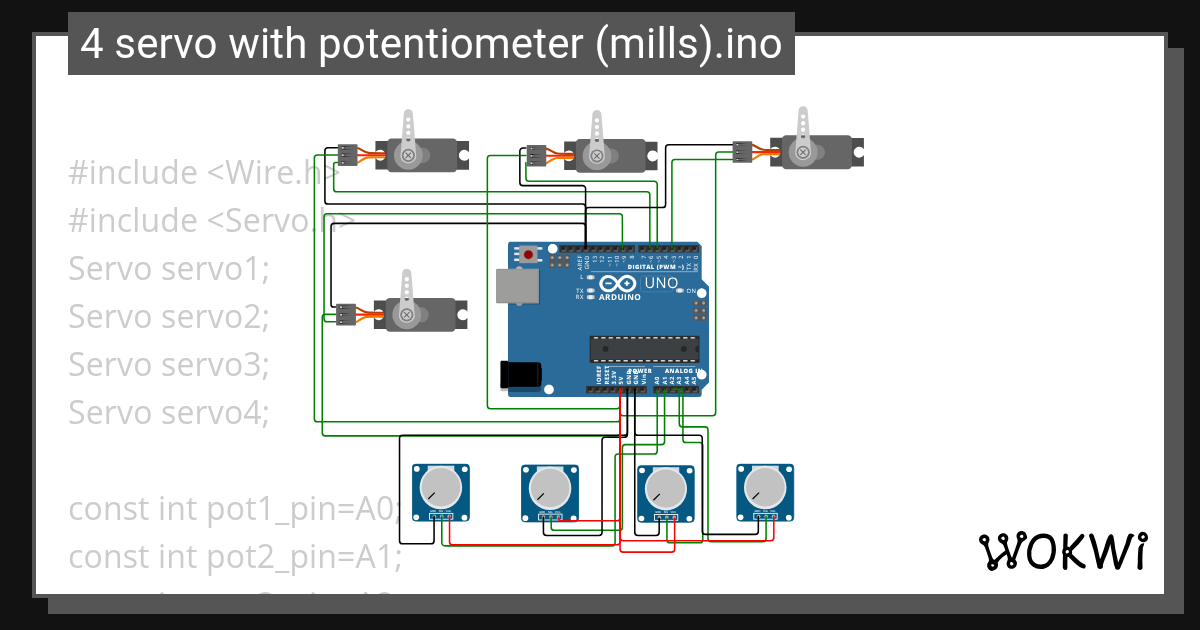 4 servo with potentiometer (mills).ino - Wokwi ESP32, STM32, Arduino Simulator