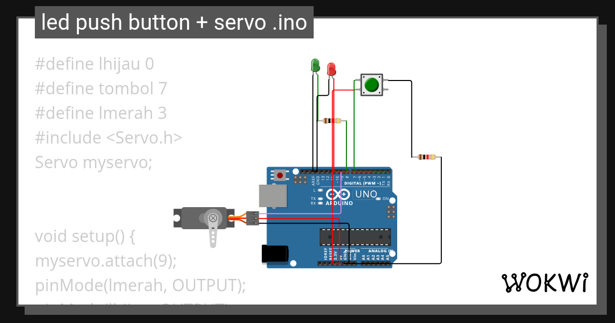 led push button + servo .ino - Wokwi ESP32, STM32, Arduino Simulator