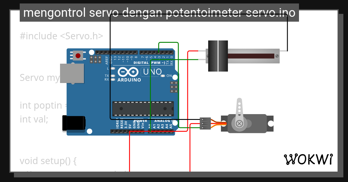 mengontrol servo dengan slide potentoimeter servo.ino - Wokwi ESP32, STM32, Arduino Simulator
