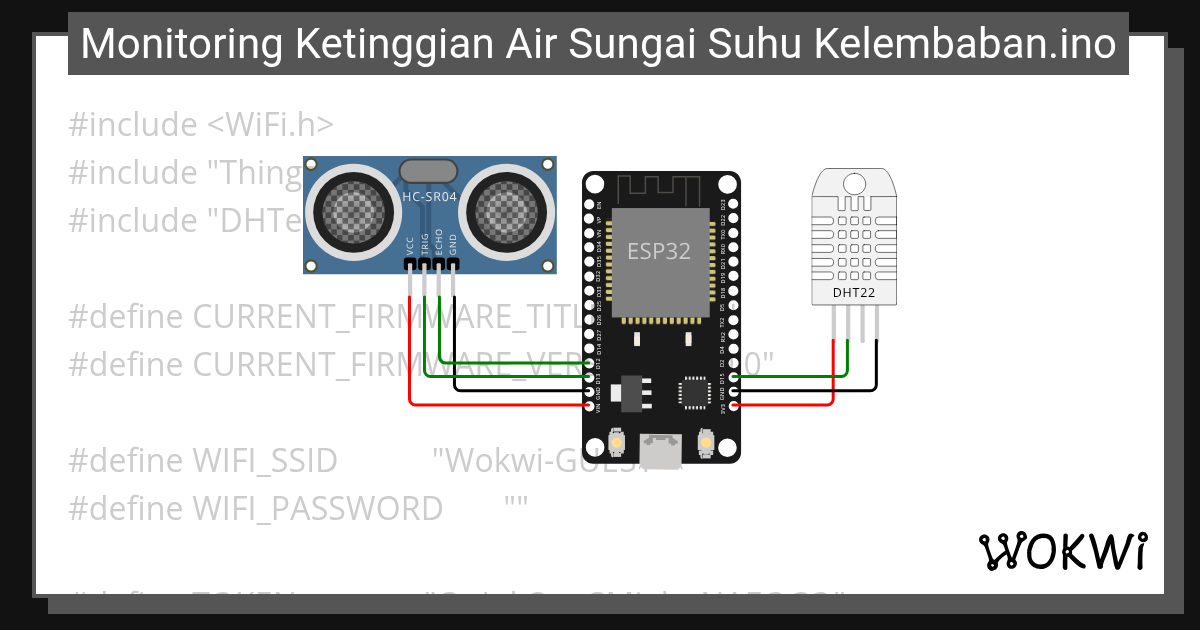 Monitoring Ketinggian Air Sungai Suhu Kelembaban.ino - Wokwi ESP32, STM32, Arduino Simulator
