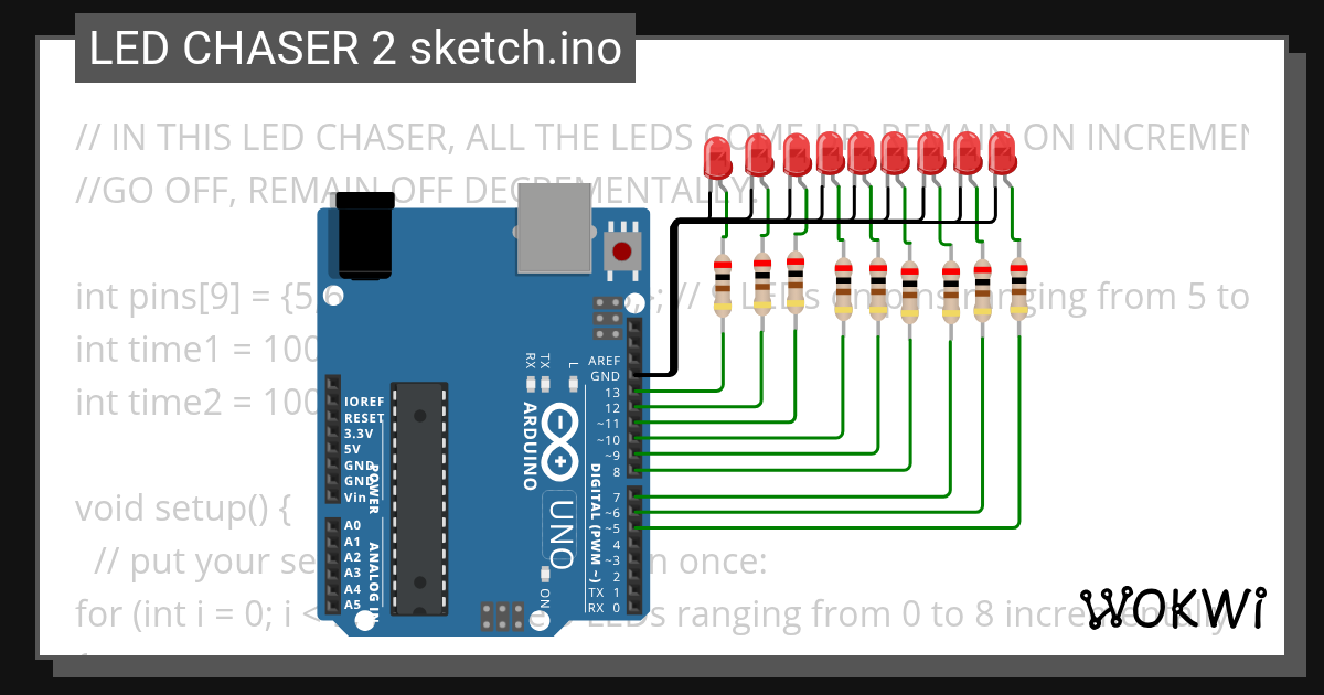 LED CHASER 2 sketch.ino - Wokwi ESP32, STM32, Arduino Simulator