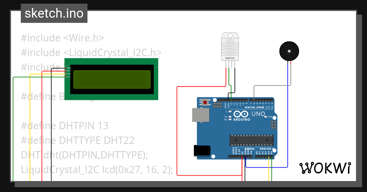 ต่อ Temperature แล้วแสดงอุณหภูมิบนจอ I2C และส่งเสียงผ่าน buzzer - Wokwi ...