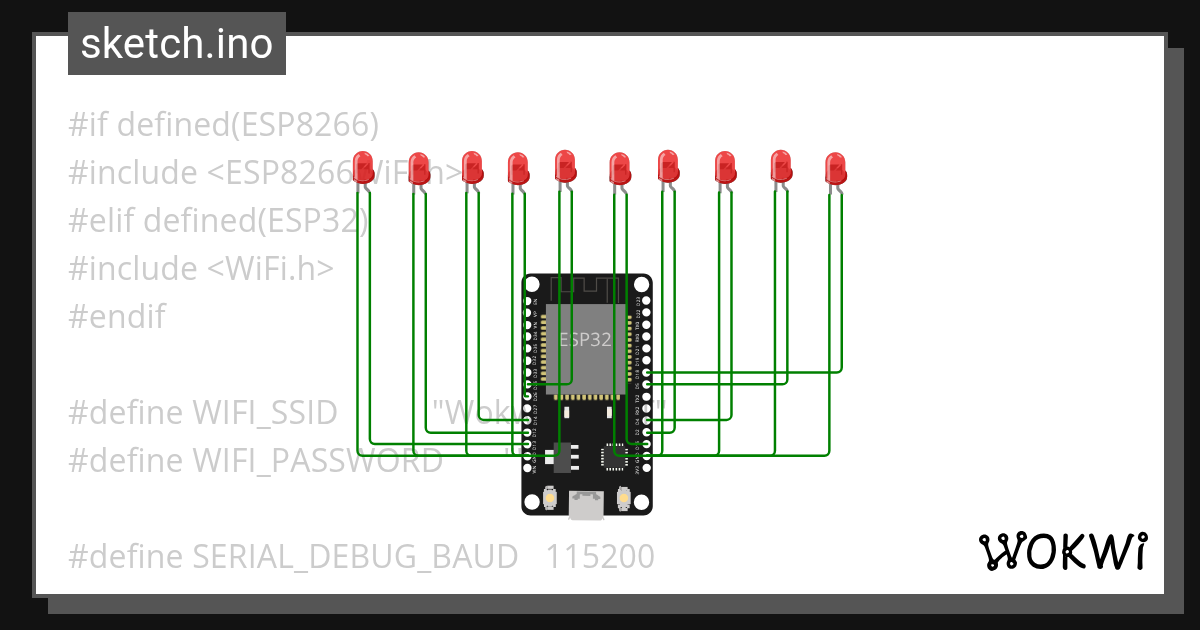 Koneksi wifi running LED - Wokwi ESP32, STM32, Arduino Simulator