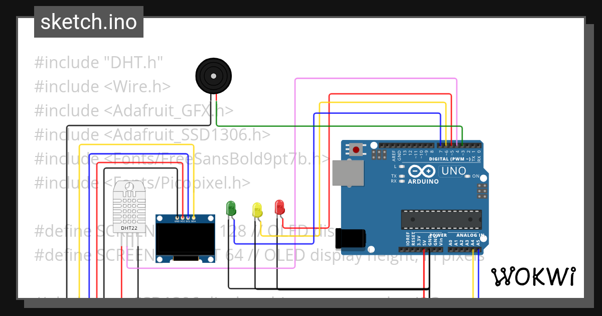 Monitoring Kandang oled dht led buzzer - Wokwi ESP32, STM32, Arduino Simulator