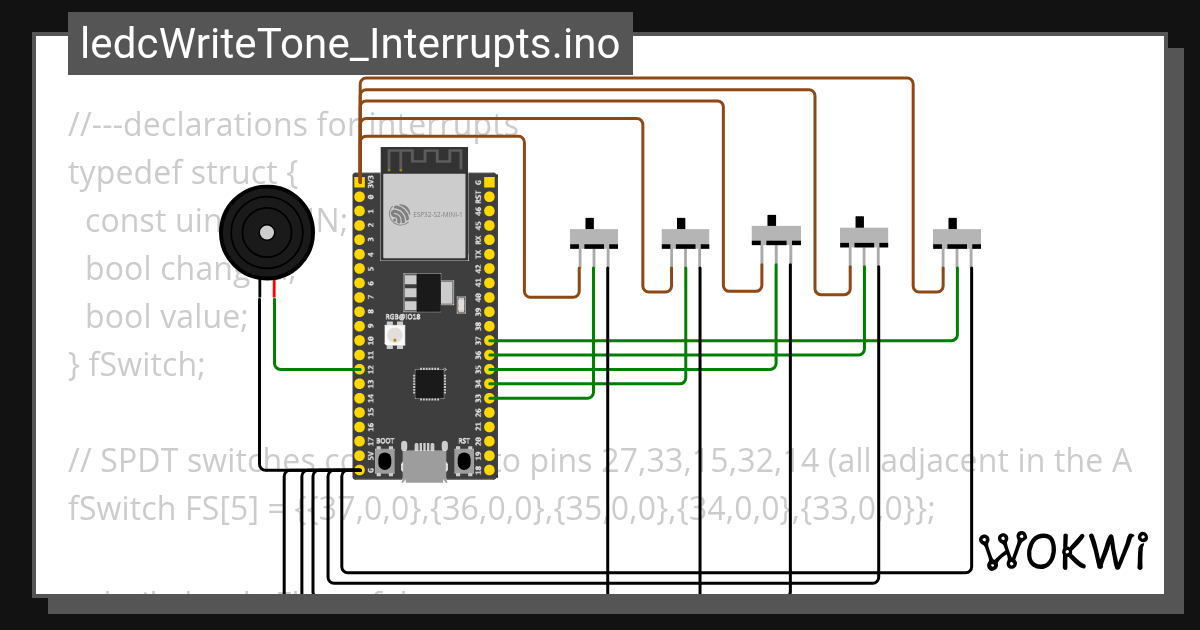 ledcWriteTone_Interrupts.ino - Wokwi ESP32, STM32, Arduino Simulator