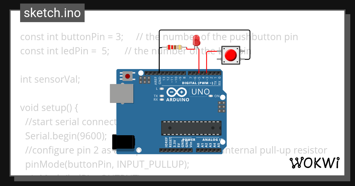 LED ir mygtukas pull-up varza - Wokwi ESP32, STM32, Arduino Simulator