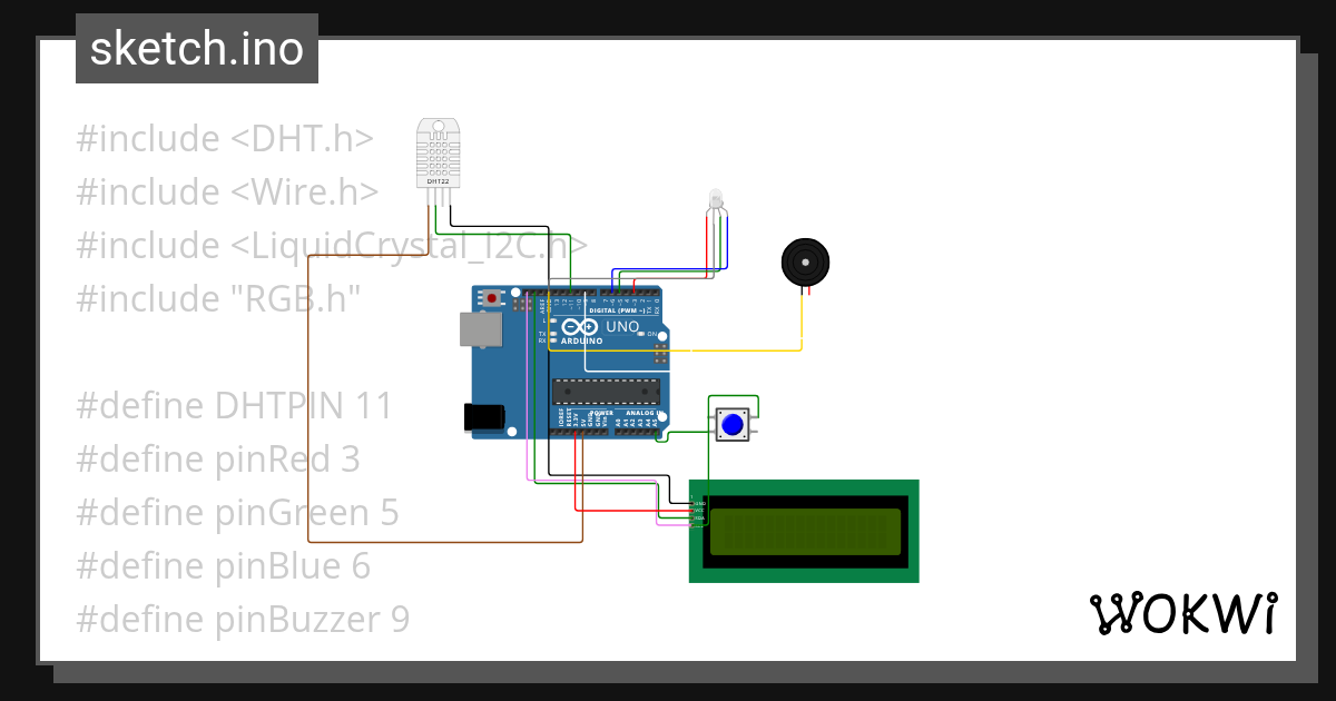 pushbotten DHT menyalakan LED dan Buzzer - Wokwi ESP32, STM32, Arduino ...