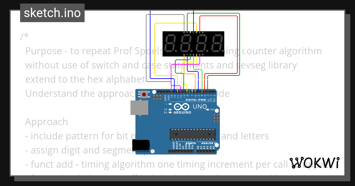seven segment 4 digit timing counter -prof spoelstra method - Wokwi ESP32, STM32, Arduino Simulator