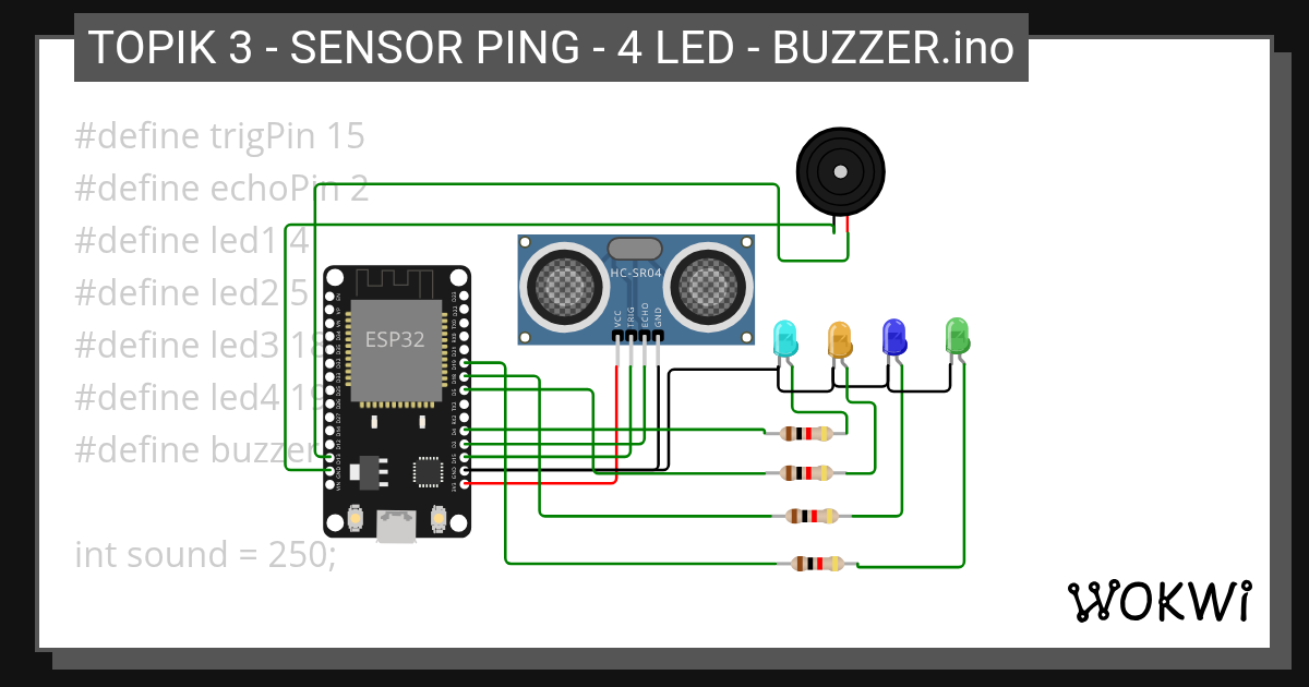 TOPIK 3 - SENSOR PING - 4 LED - BUZZER.ino - Wokwi ESP32, STM32, Arduino Simulator