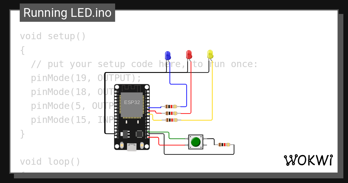 Running LED.ino - Wokwi ESP32, STM32, Arduino Simulator Running LED.ino - Wokwi ESP32, STM32, Arduino Simulator