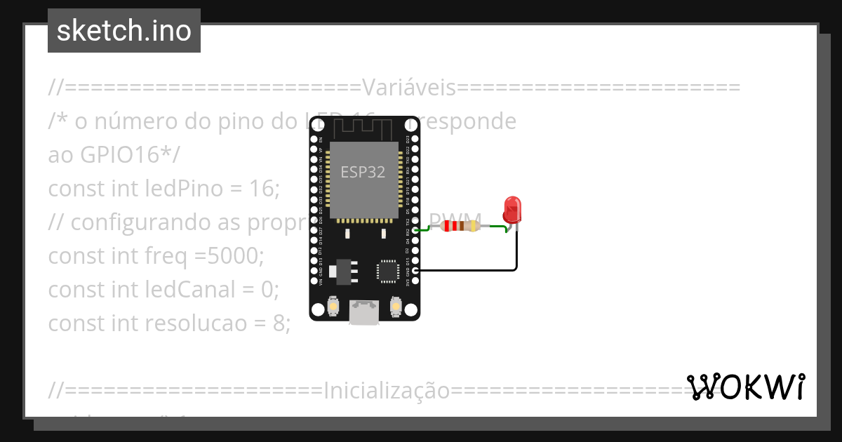 Módulo 1: Unidade 2 - Controle PWM de LED - Exemplo 00 - Wokwi ESP32, STM32, Arduino Simulator