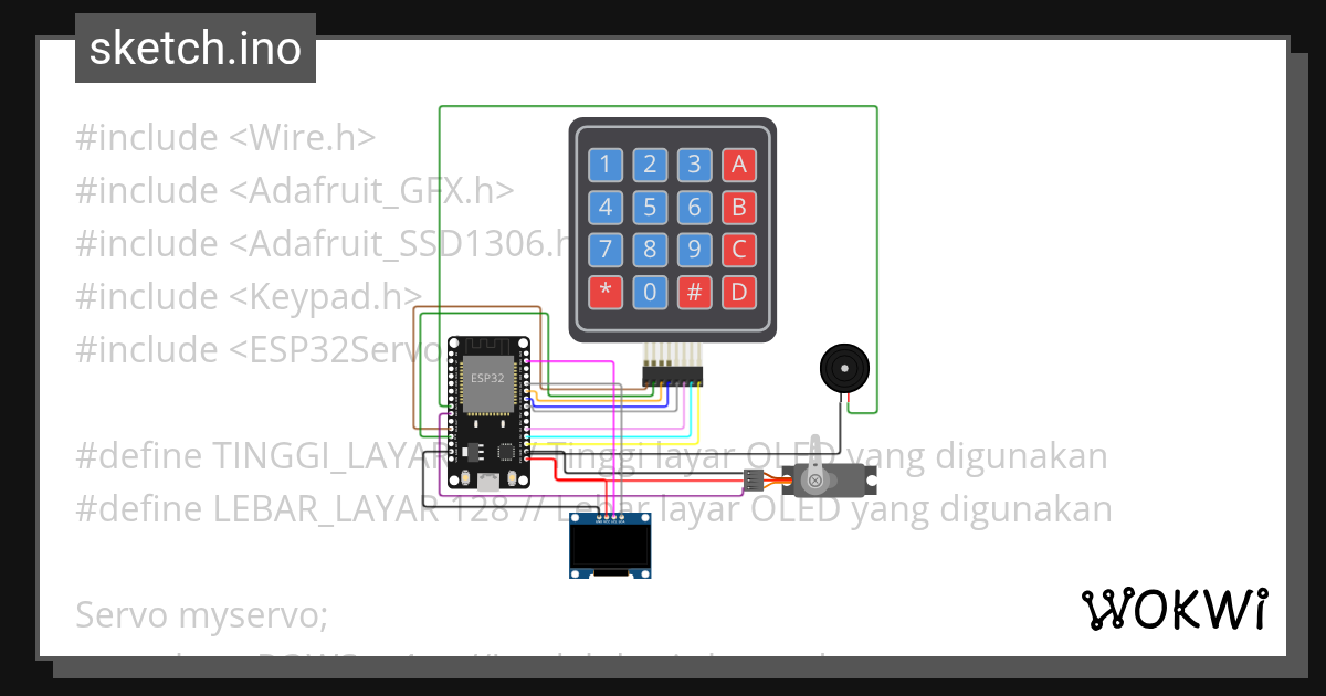 praktek 5 security_keypad_buzzer_servo_OLED Topik 5.ino - Wokwi Arduino and ESP32 Simulator