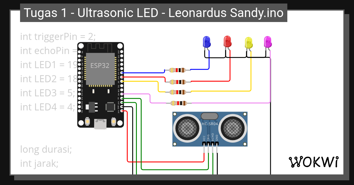 Tugas 1 - Ultrasonic LED - Leonardus Sandy.ino - Wokwi ESP32, STM32, Arduino Simulator