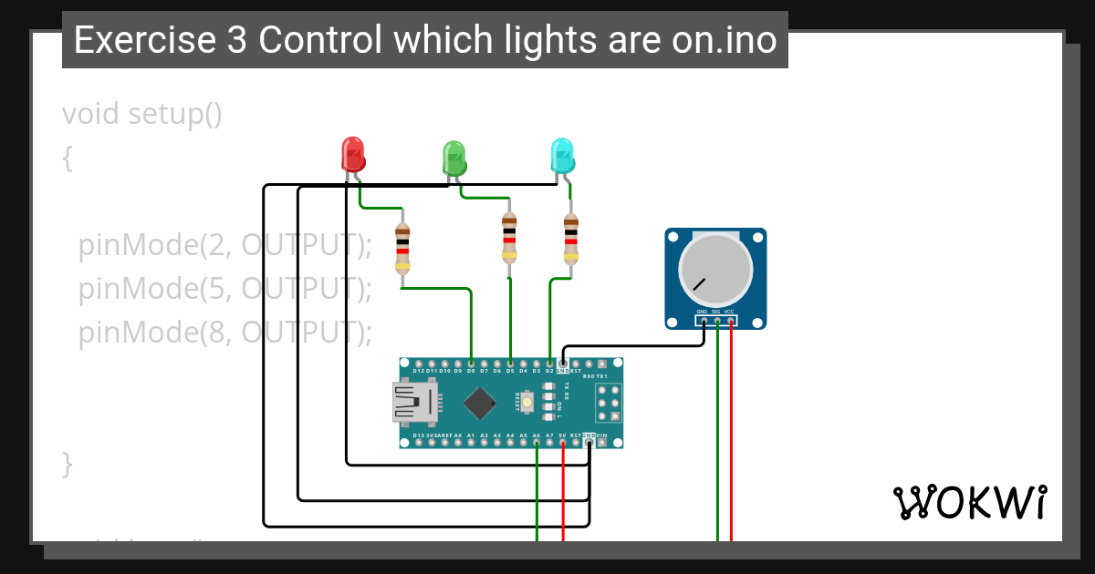 Exercise 3 Control which lights are on.ino - Wokwi ESP32, STM32, Arduino Simulator