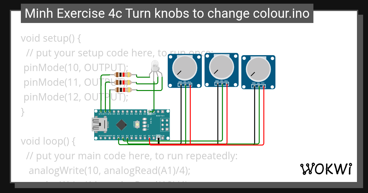 Minh Exercise 4c Turn knobs to change colour.ino - Wokwi ESP32, STM32 ... Minh Exercise 4c Turn knobs to change colour.ino - Wokwi ESP32, STM32 ...
