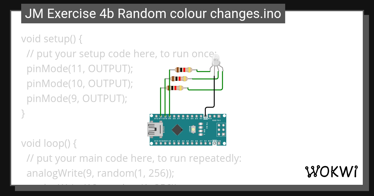 JM Exercise 4b Random colour changes.ino - Wokwi ESP32, STM32, Arduino ... JM Exercise 4b Random colour changes.ino - Wokwi ESP32, STM32, Arduino ...