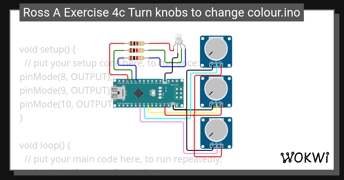 Ross A Exercise 4c Turn knobs to change colour.ino - Wokwi ESP32, STM32, Arduino Simulator