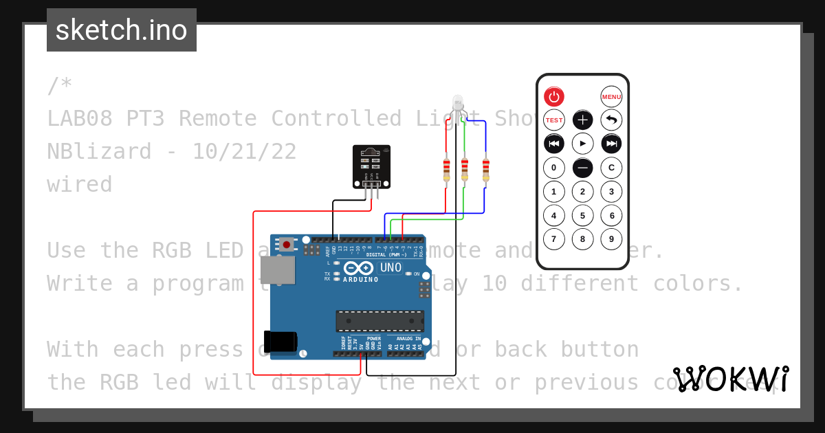 Lab08 Pt3 Remote Controlled Light Show Redefined Ircodes Wokwi Arduino And Esp32 Simulator
