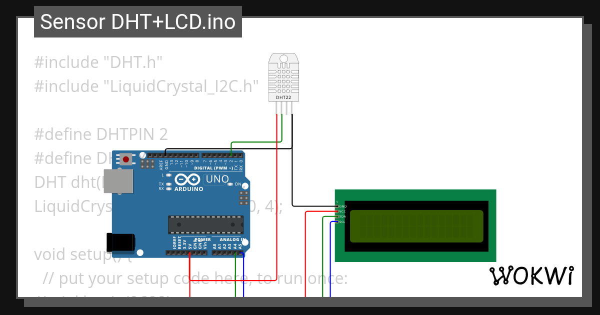 Sensor DHT+LCD.ino - Wokwi ESP32, STM32, Arduino Simulator
