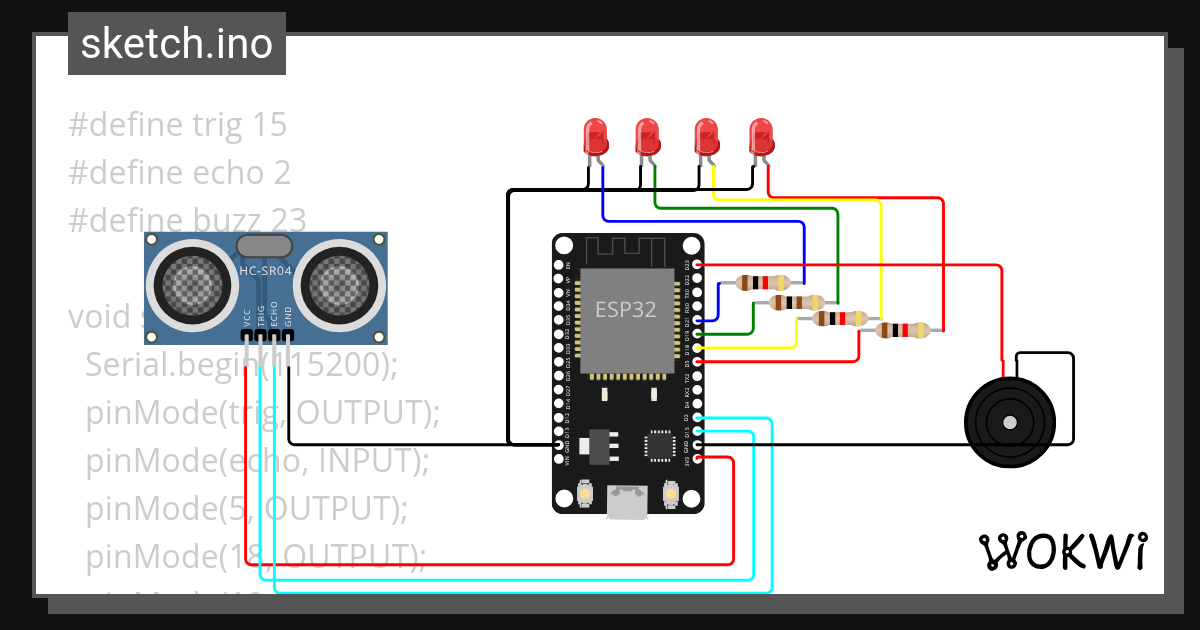 Jarak w LED Indicator - Wokwi ESP32, STM32, Arduino Simulator
