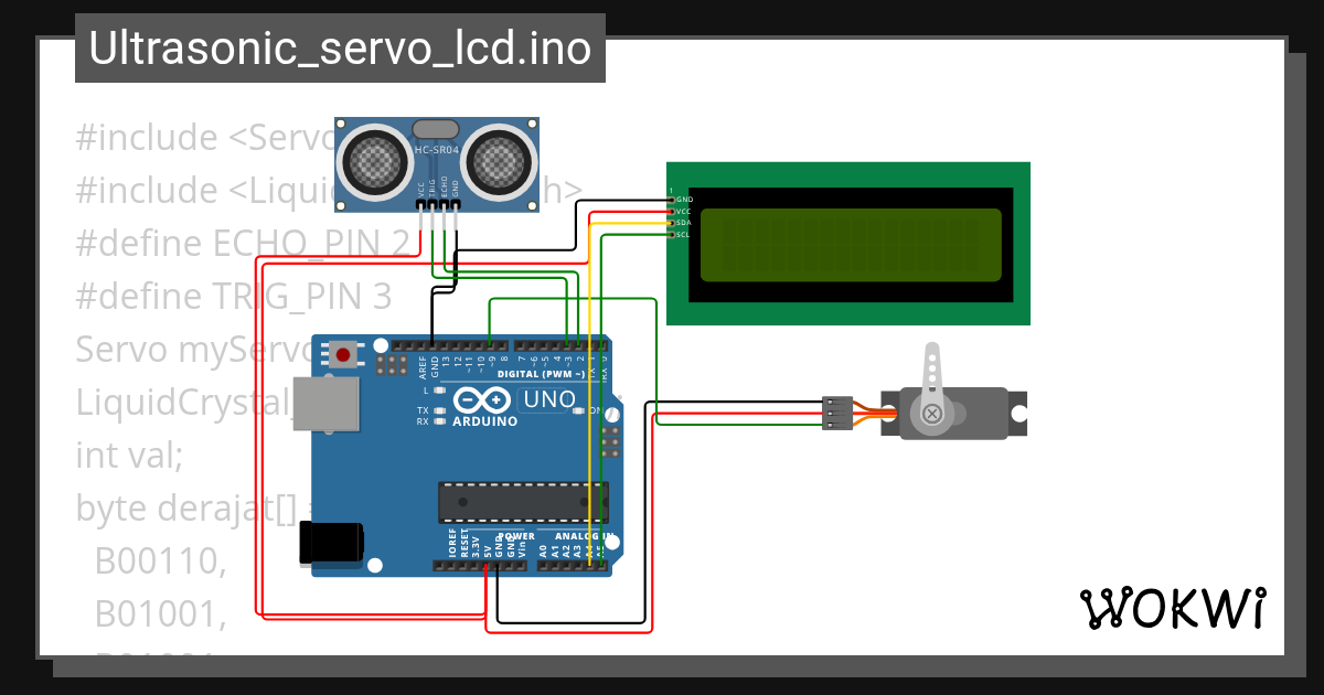 Ultrasonic_servo_lcd.ino - Wokwi ESP32, STM32, Arduino Simulator